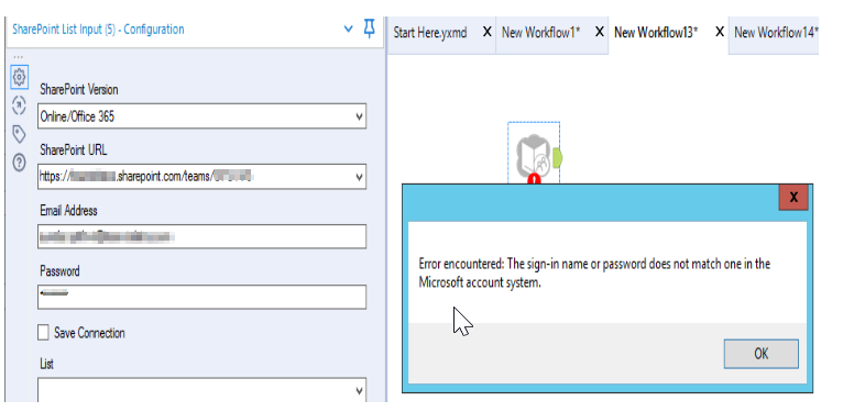 Alteryx Designer: Sharepoint List Input Tool: Error connecting to ...