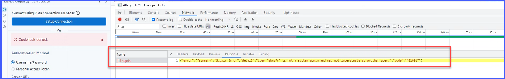 Error when signing into Tableau Tool: Credentials denied