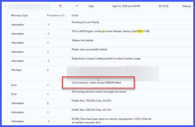 Tableau Output error Out of memory: malloc of size