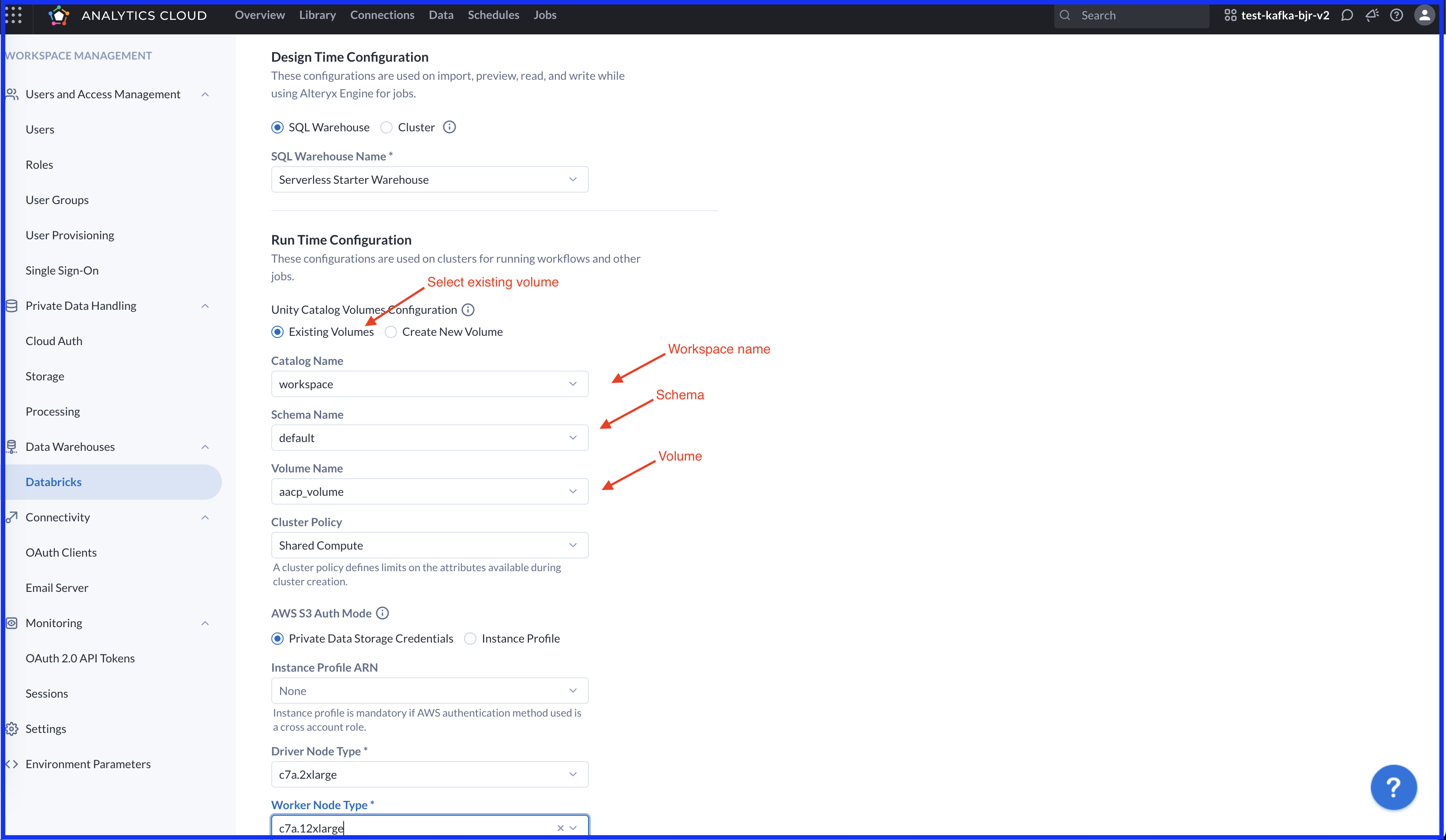 Databricks Unity Catalog volumes configuration in AACP